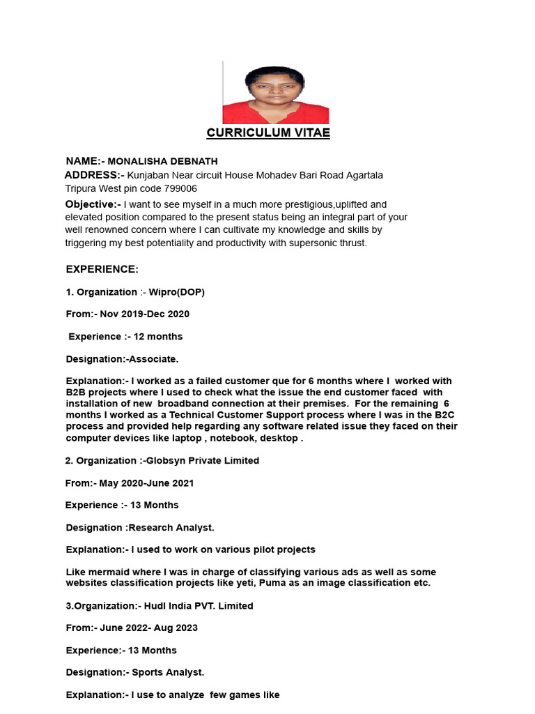 Monalisha Debnath's CV and Experience | PDF | Computing