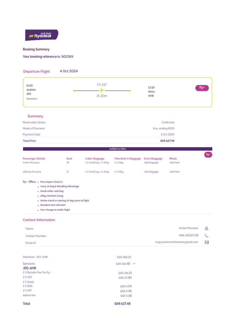 Flyadeal Booking Confirmation Summary | PDF | Money | Payments