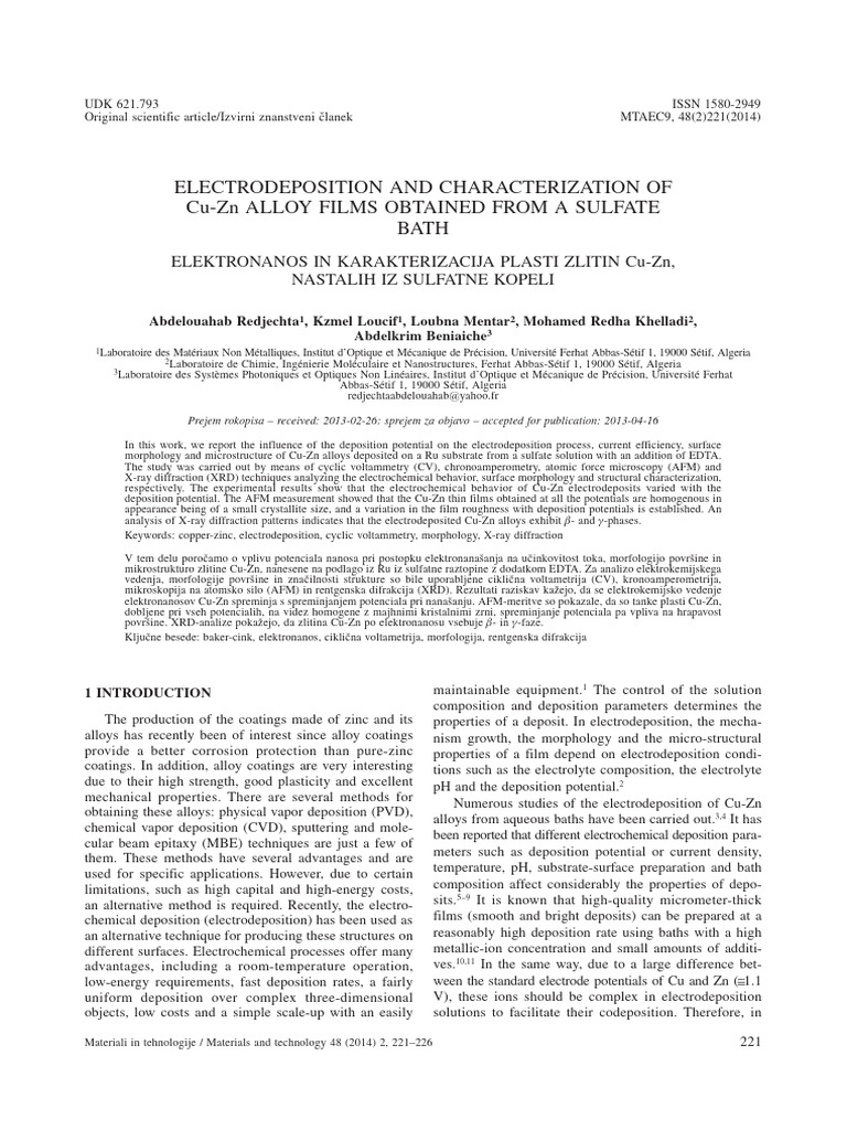 Electrodeposition and Characterization o | PDF | Electrochemistry | Materials