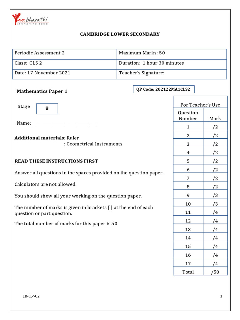 Gidb5430215-Cls2 Math p1 QP Pa2 | PDF | Mathematics