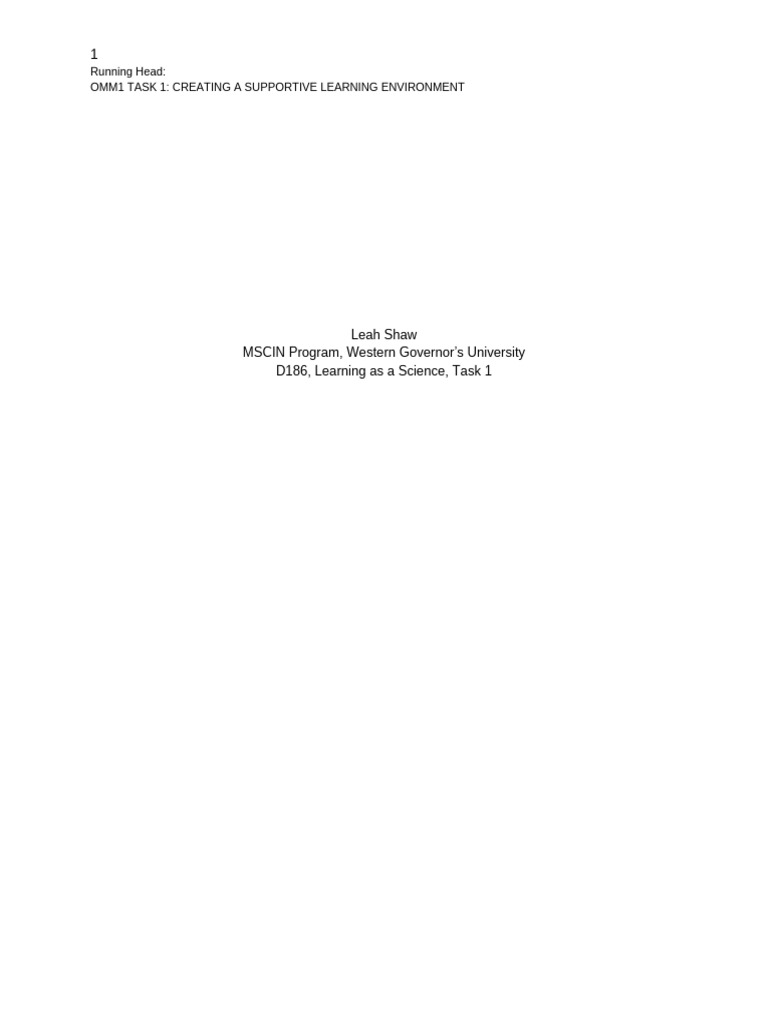 OMM1 TASK 1 - CREATING A SUPPORTIVE LEARNING ENVIRONMENT - LeahShaw | PDF | Learning | Classroom