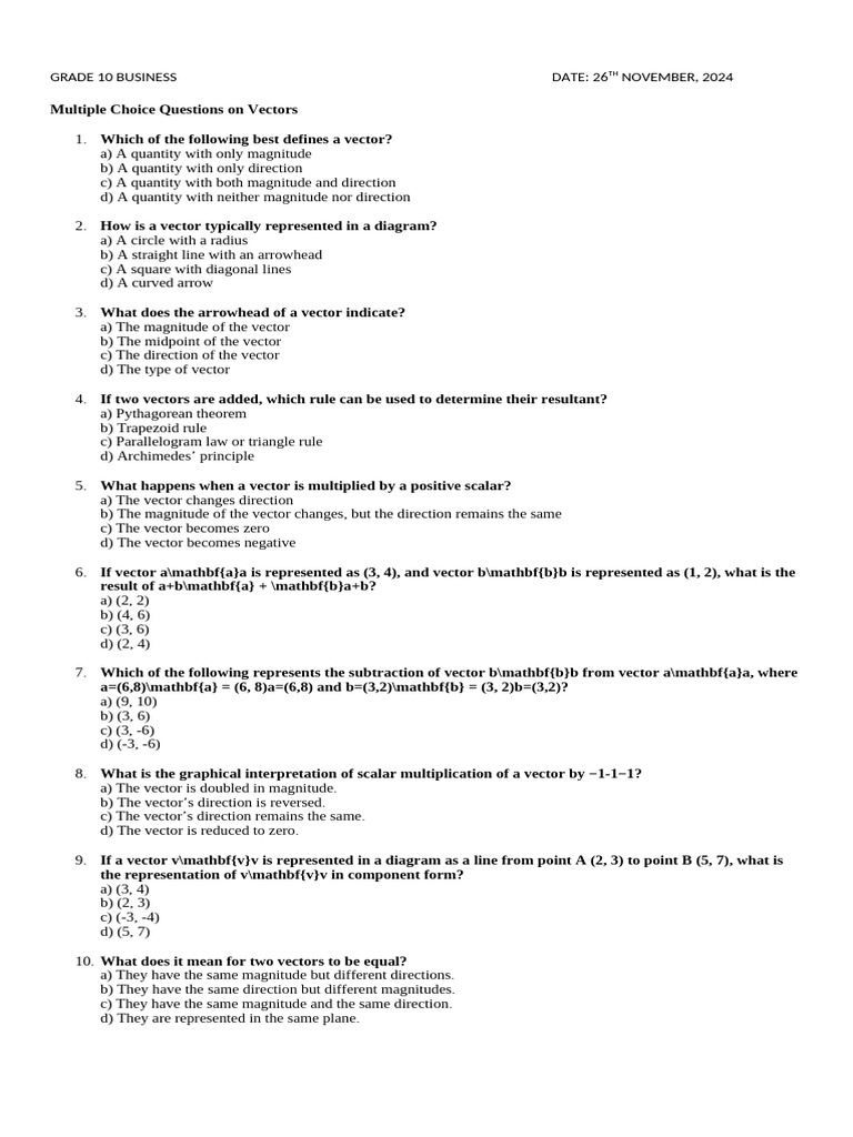 VECTORS MCQ | PDF | Euclidean Vector | Abstract Algebra