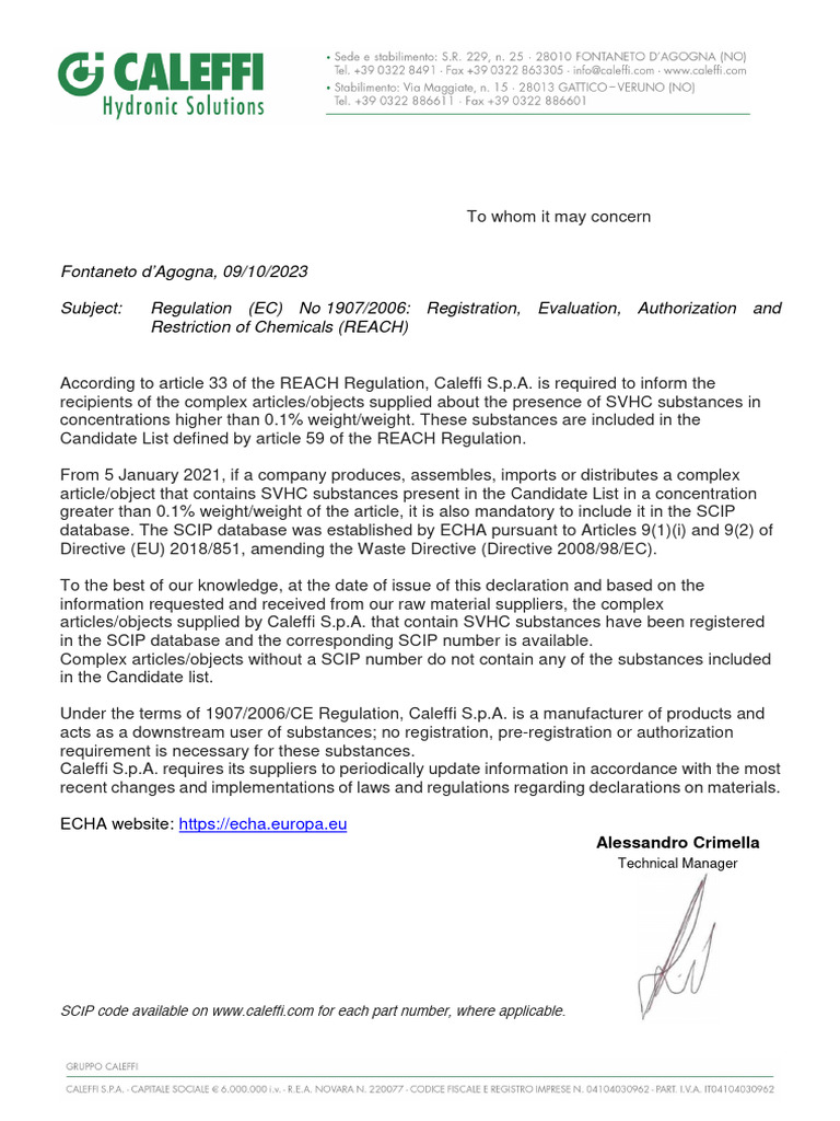 REACH-Caleffi Declaration | PDF