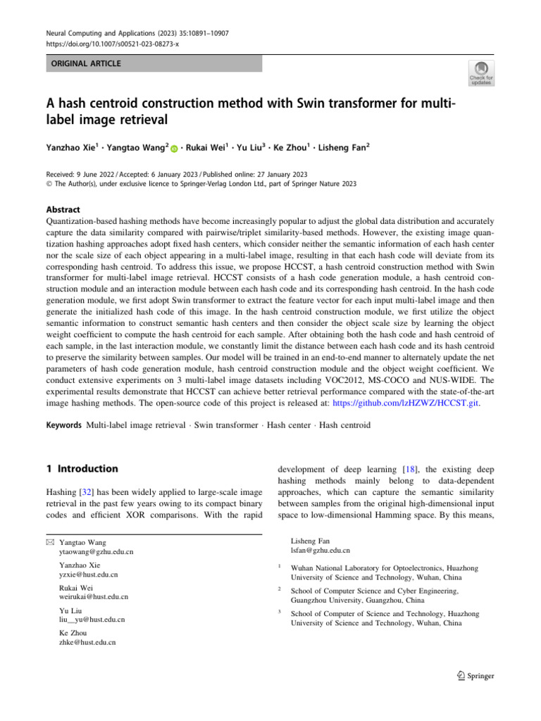 A Hash Centroid Construction Method With Swin Transformer For Multi Label Image Retrieval Pdf