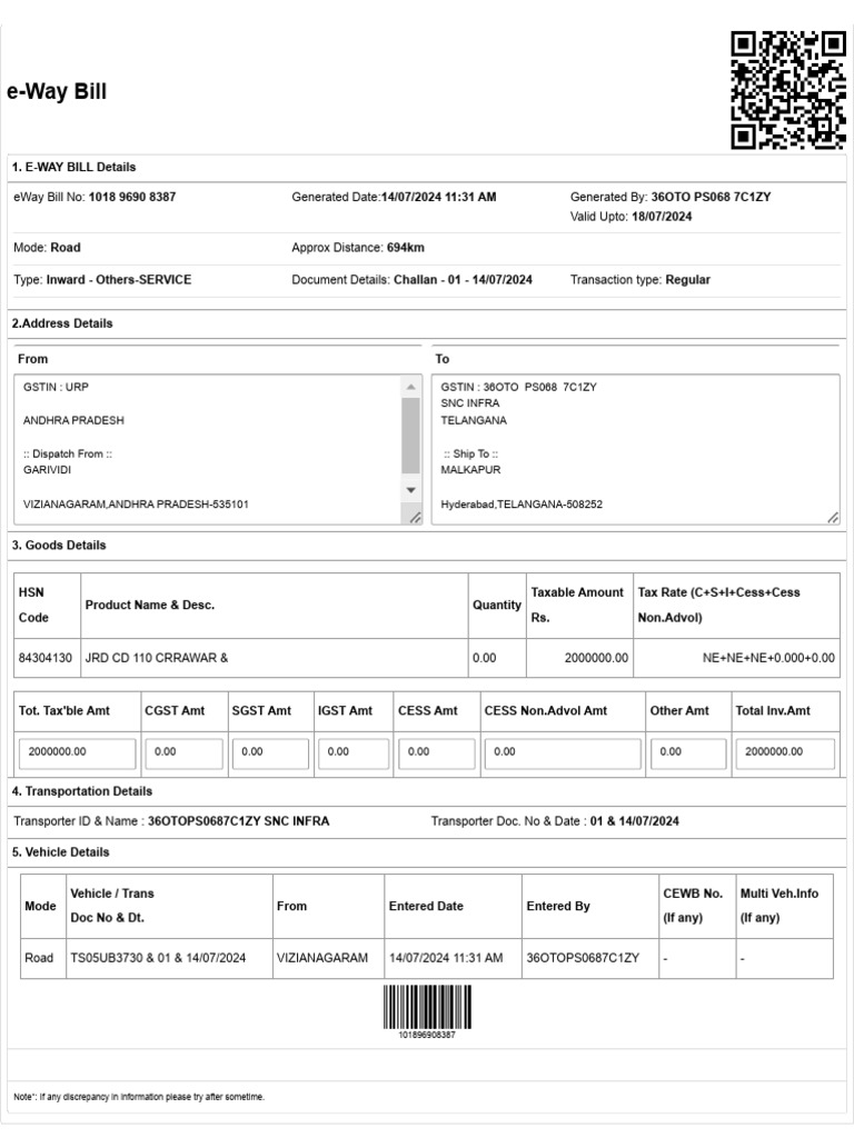 E-Way Bill System VRK INFRA | PDF | Bharatiya Janata Party | Sales