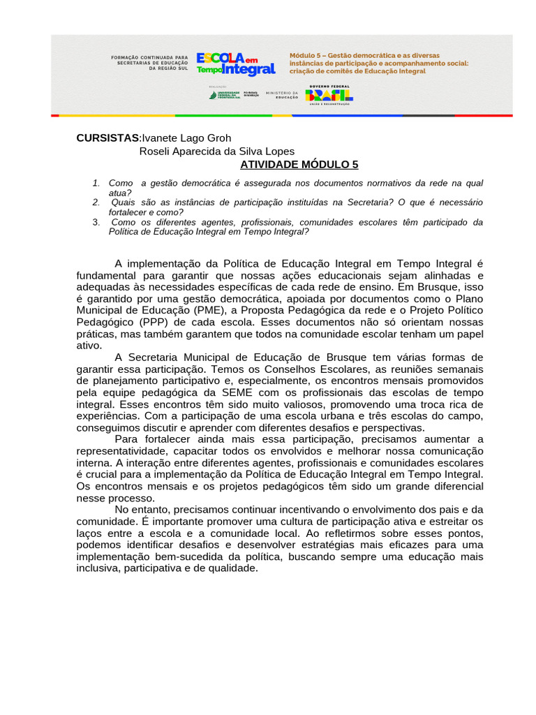 Tarefa Atividade - Módulo 5 - Curso Tempo Integral | PDF