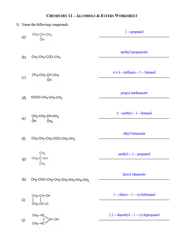Alcohols-and-Esters-Worksheet-Solutions-1cjjh82 | PDF | Ester | Methyl ...