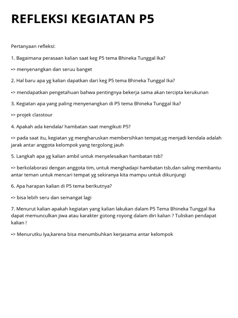 Refleksi Kegiatan P5 | PDF