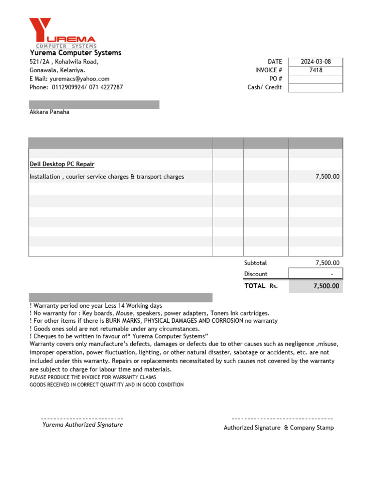 Dell PC Repair Invoice for Akkara Panaha | PDF