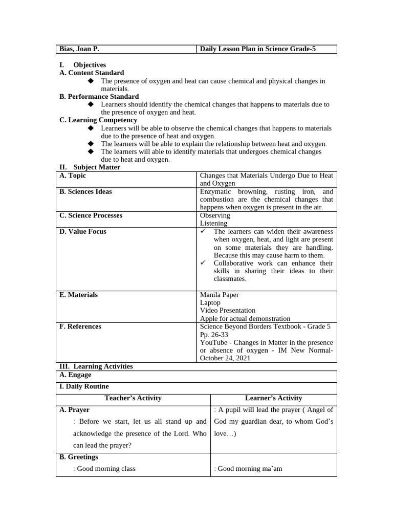 Lesson Plan in Science 5 | PDF | Combustion