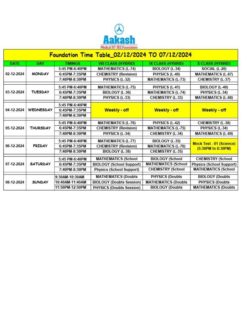Weekly Class Schedule: Dec 2-7, 2024 | PDF
