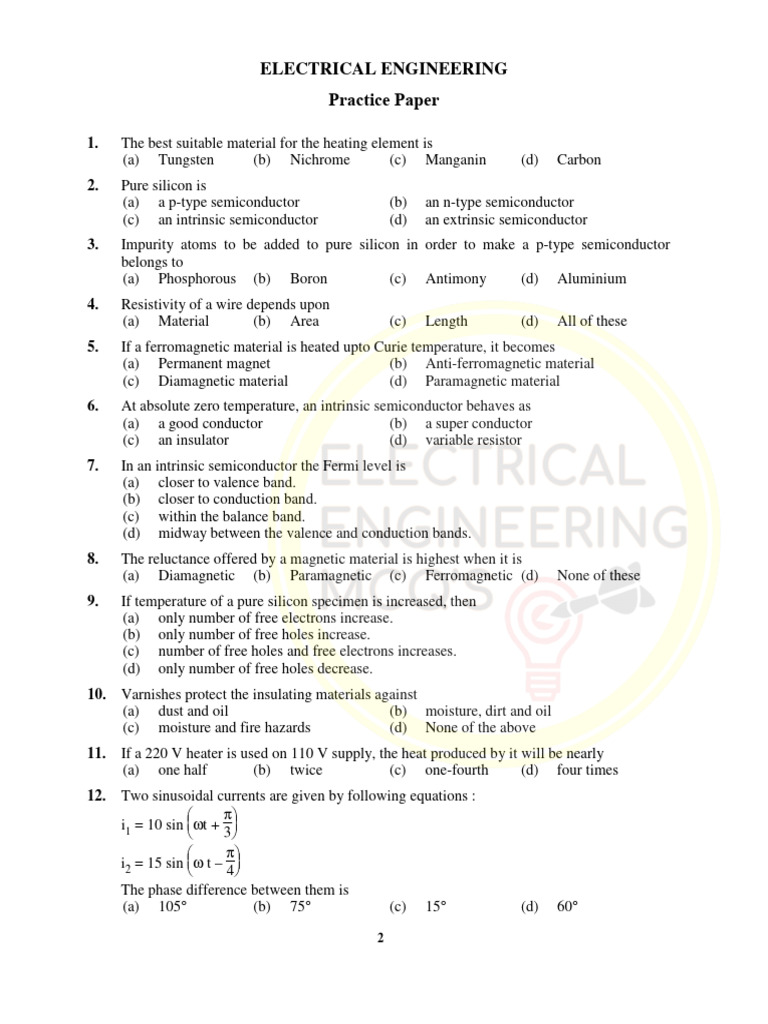 Practice Papers Electrical-Engineering MCQs | PDF | Semiconductors ...