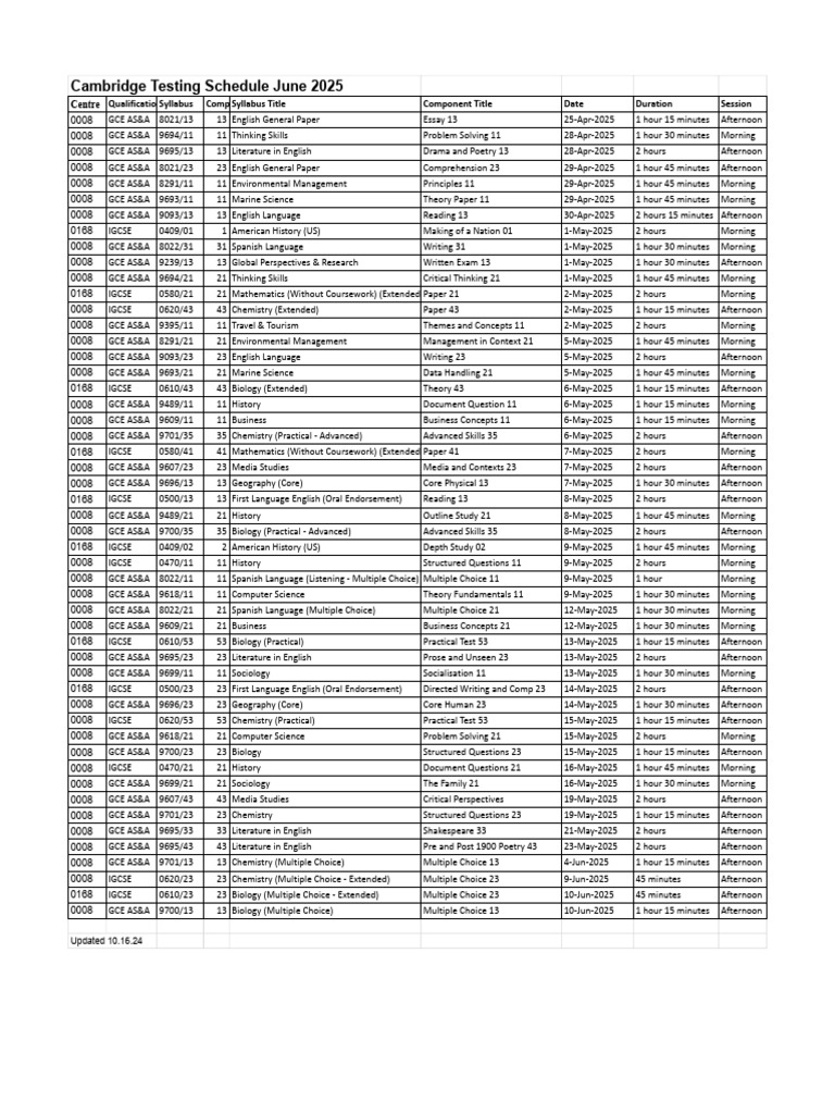 CambridgeJune2025TestingSchedule | PDF | Science