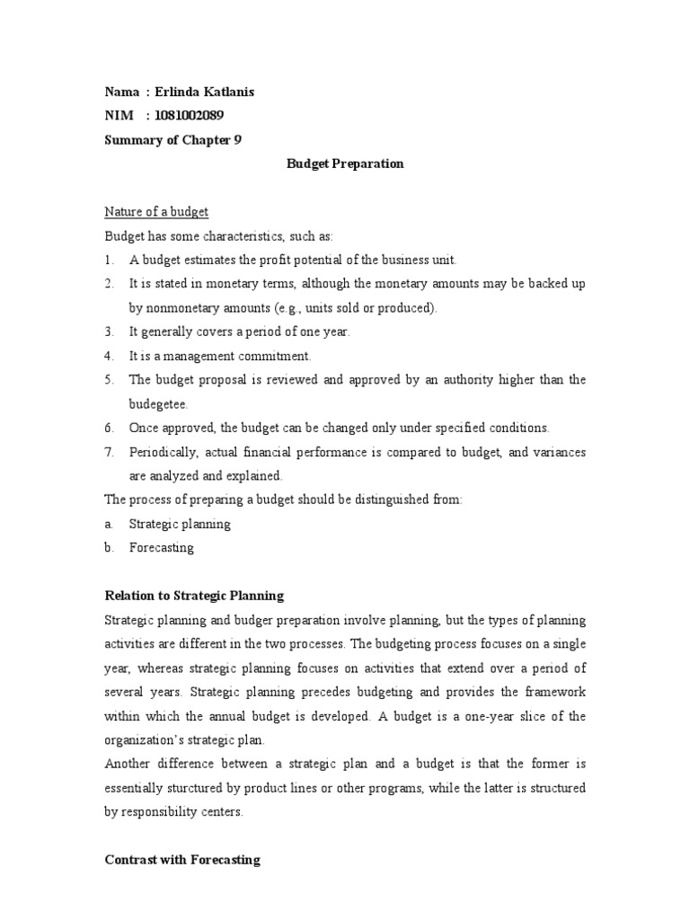 Summary of Chapter 9 Budget Preparation - Erlinda Katlanis 1081002089 ...