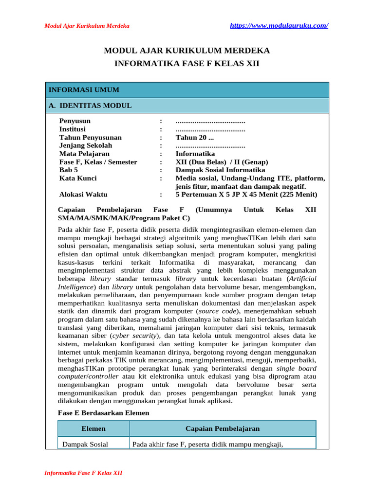 Modul Ajar Informatika Kelas 12 Fase F BAB 5 Dampak Sosial Informatika | PDF