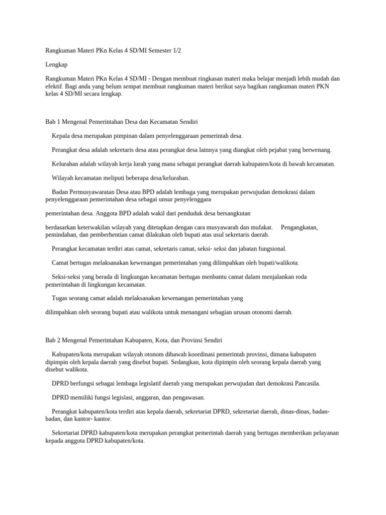 Rangkuman Materi PKN Kelas 4 SD | PDF