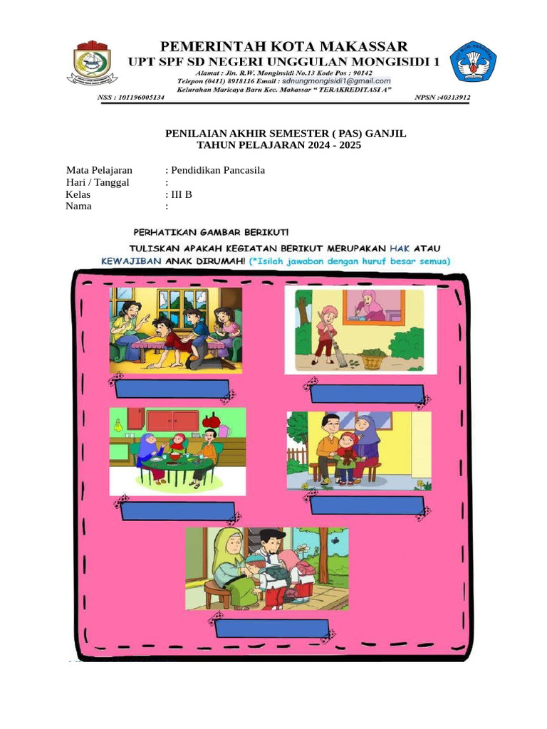 Soal Kelas 3 Pas Ganjil Pend Pancasila | PDF