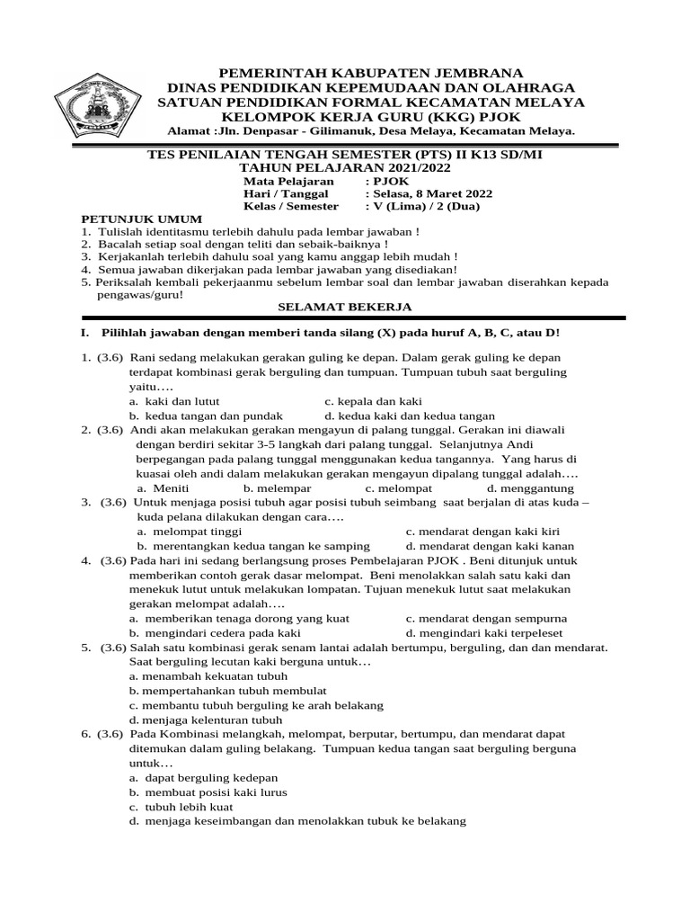 SOAL PTS (II) PJOK KELAS 5 (Gugus V) | PDF