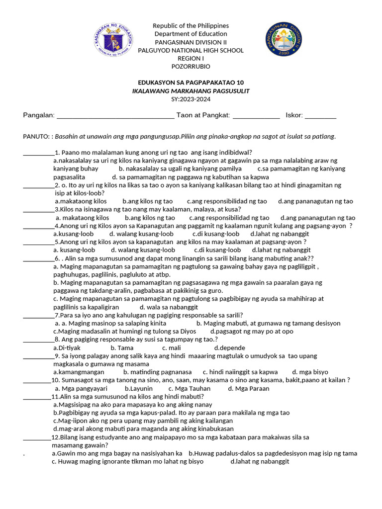 ESP 10 second quarter sy2023-2024 | PDF