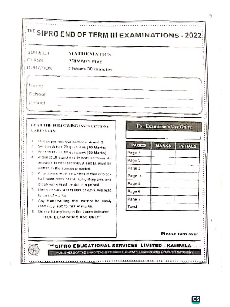 The Sipro p5 Eot III Maths | PDF