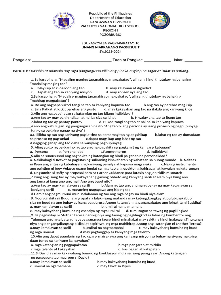 ESP 10 First Quarter Pagsusulit Sy23-24 | PDF
