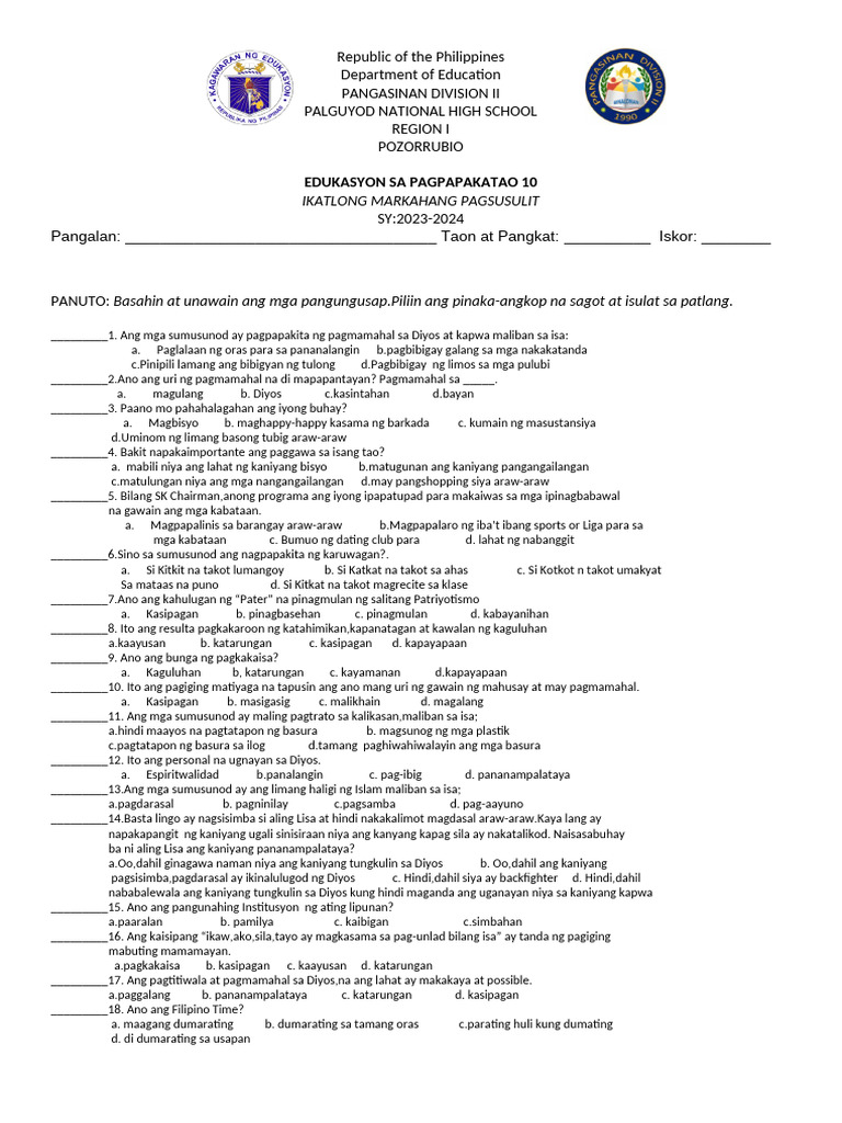 Esp 10 3RD Quarter Exam | PDF