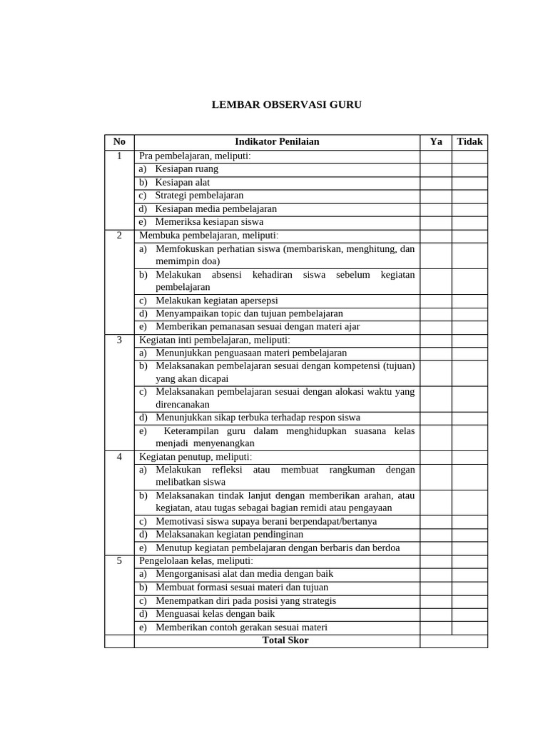 Lembar Observasi Guru | PDF