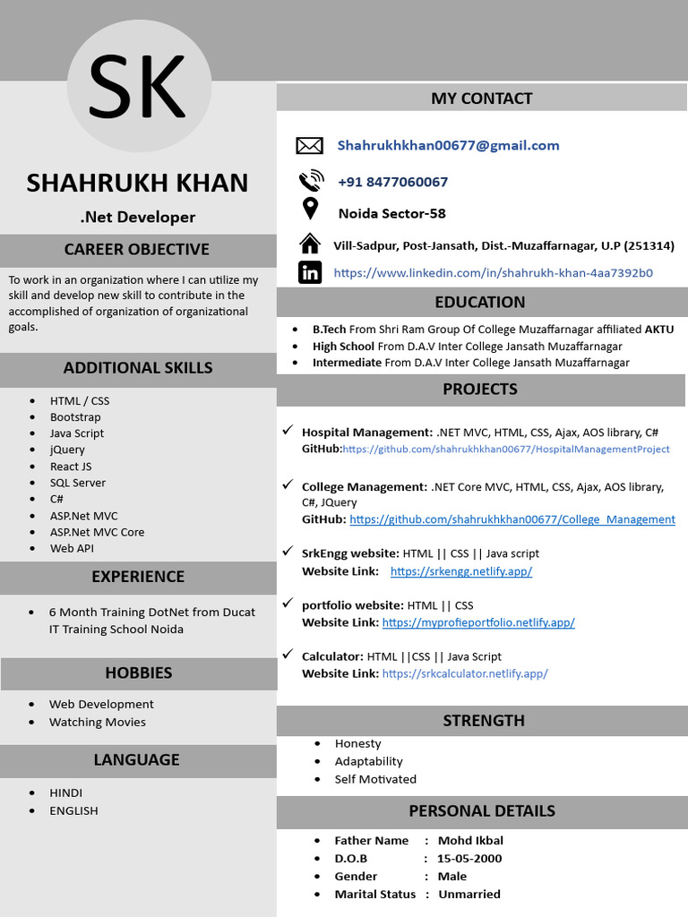 Shahrukh Khan DotNet Developer | PDF | J Query | Software