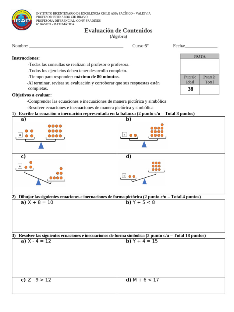Evaluación de Ecuaciones e Inecuaciones 6° | PDF