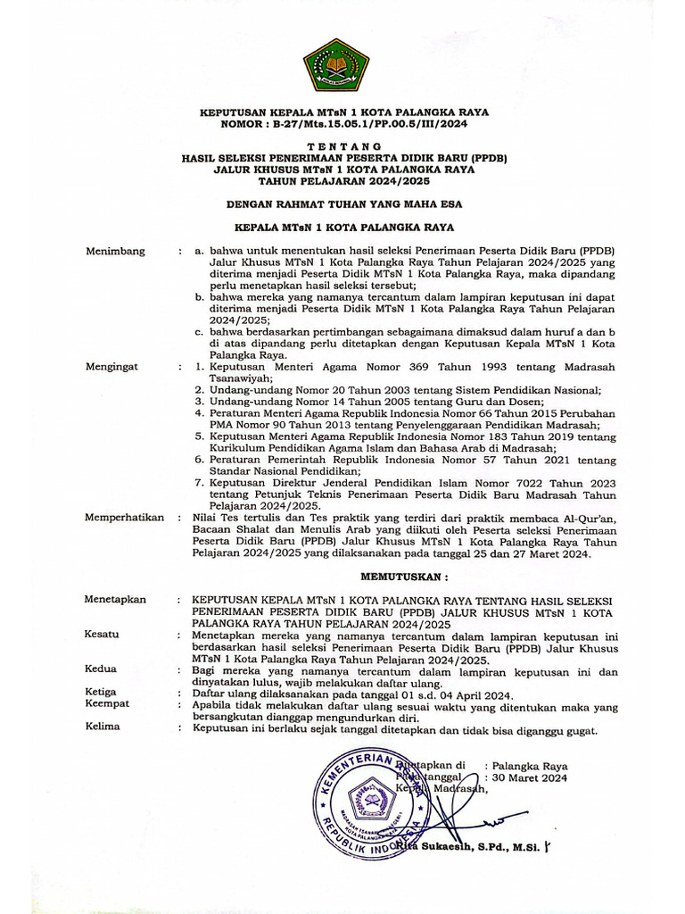 000 SK Konsideran Penetapan Hasil Seleksi PPDB TP 2024-2025 Khusus-1 | PDF