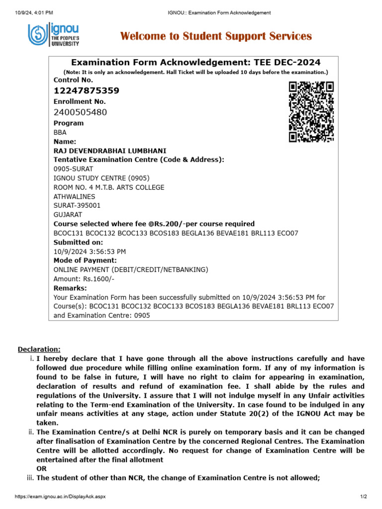 IGNOU - Examination Form Acknowledgement Ans | PDF