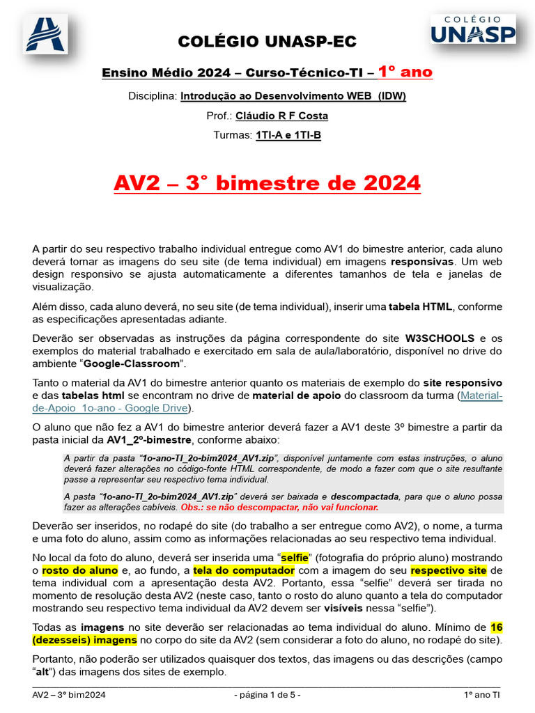 AV2 - 3o Bim2024 - 1o Ano TI | PDF | Html | Imagem