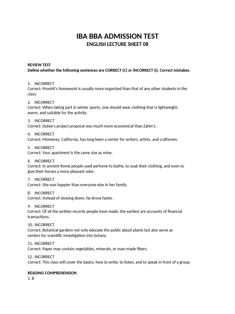 Lecture 8 BBA English Solution 2024 | PDF