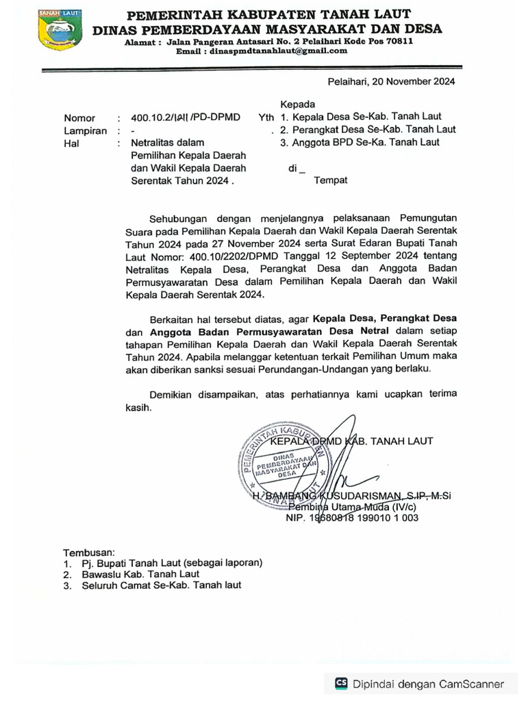 Surat Kepada Kepala Desa, Perangkat Desa Dan BPD | PDF