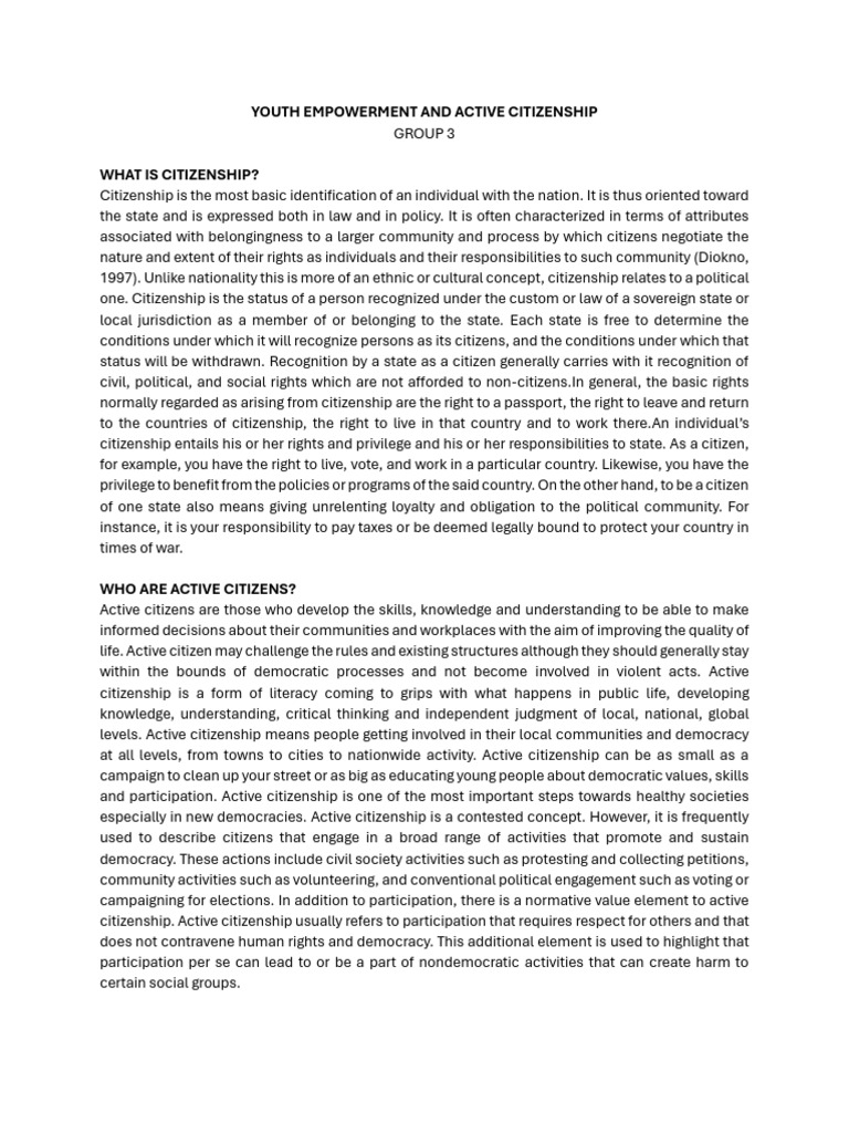 Group 3 Youth Empowerment and Active Citizenship Reference | PDF ...