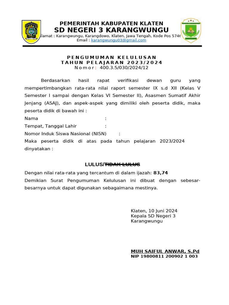 Surat Pengumuman Kelulusan 2024 | PDF