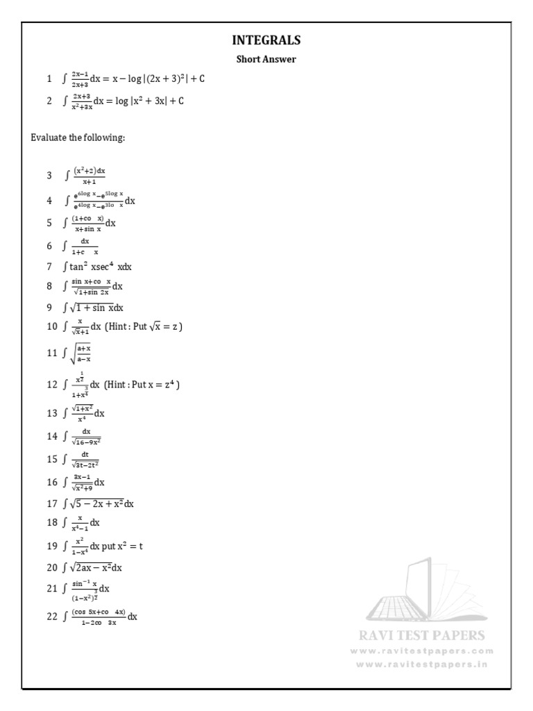 12TH CBSE MATHS WORKSHEET INTEGRALS | PDF | Multiple Choice ...