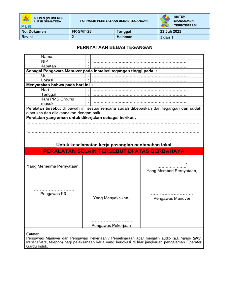 Formulir Bebas Tegangan PLN Sumatera | PDF