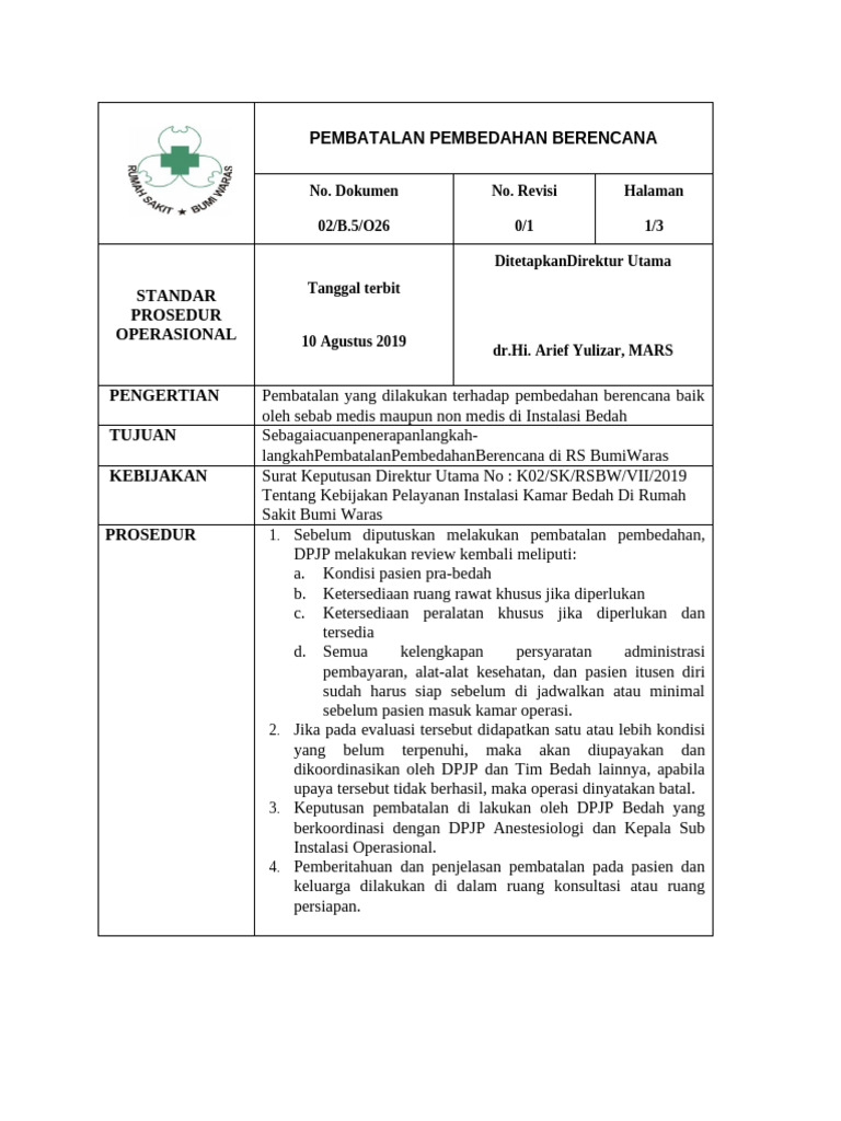 Prosedur Pembatalan Operasi RS Bumi Waras | PDF