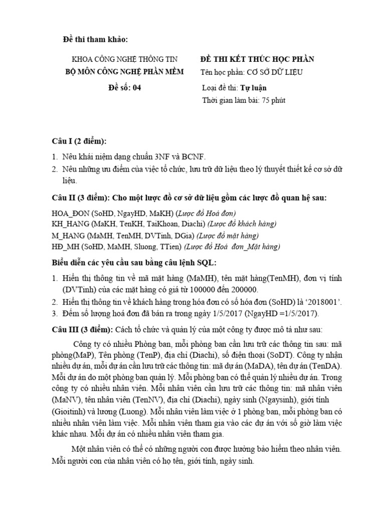 DeThi_CSDL_Tham khao 2 | PDF