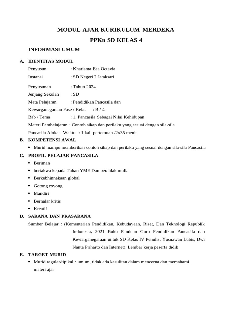 MODUL AJAR PPKn SD KELAS 4_Kharisma Esa Octavia | PDF