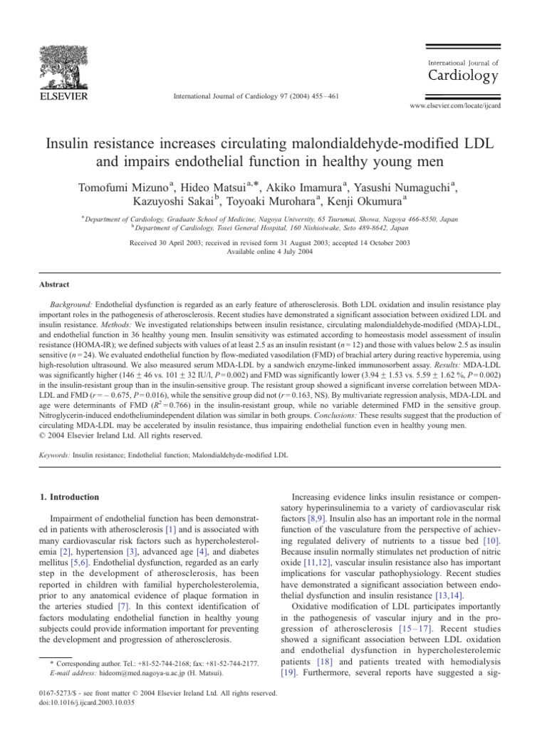 Endothelial Function in Healthy Young Men | PDF | Cholesterol | Endothelium
