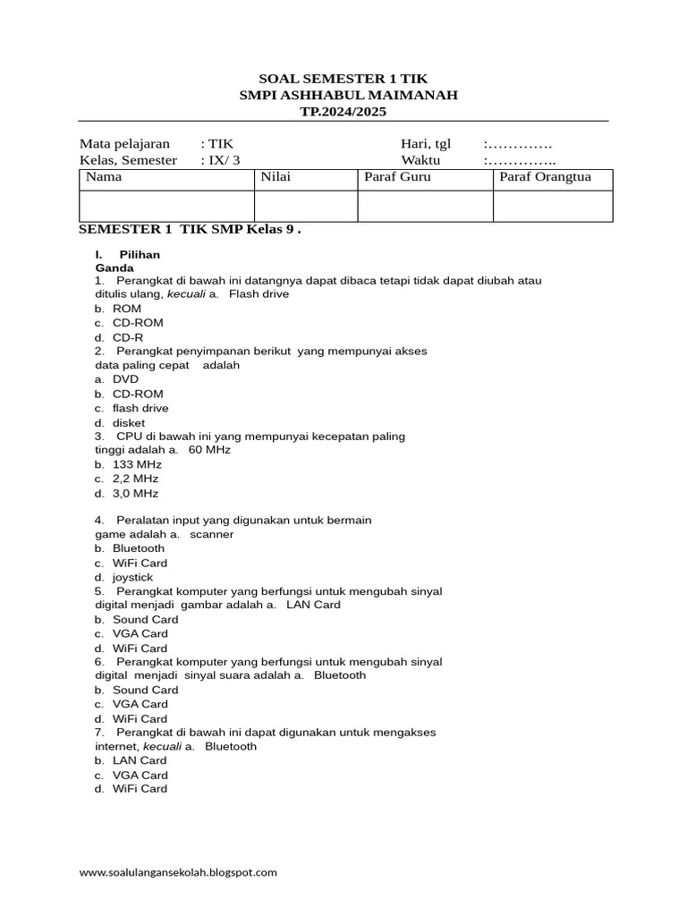 Latihan Soal UTS TIK SMP Kelas 9 Semester Genap | PDF