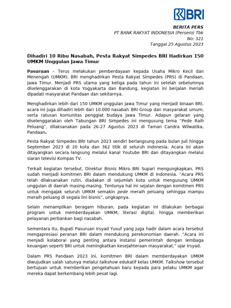 321. Dihadiri 10.000 Nasabah, PRS BRI Hadirkan 150 UMKM Unggulan Jawa Timur v2 | PDF