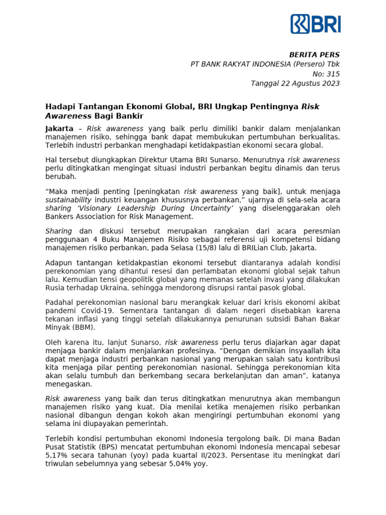 315. Hadapi Tantangan Ekonomi Global, BRI Ungkap Pentingnya Risk Awareness Bagi Bankir v2 | PDF