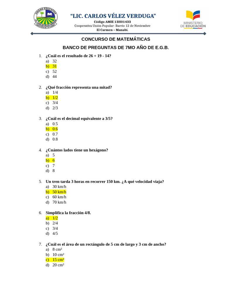 Banco de Preguntas de Matemáticas 7mo EGB | PDF | Geometría | Formas geométricas
