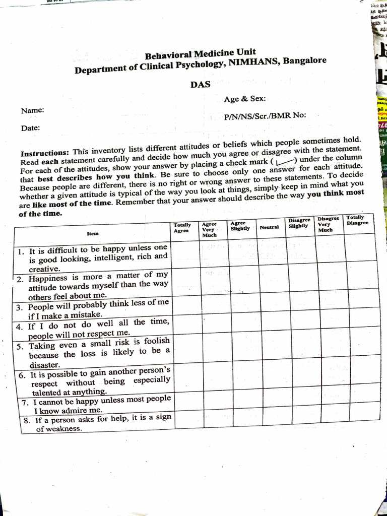 (DAS) Dysfunctional Assumption Scale | PDF | Psychology | Psychological ...