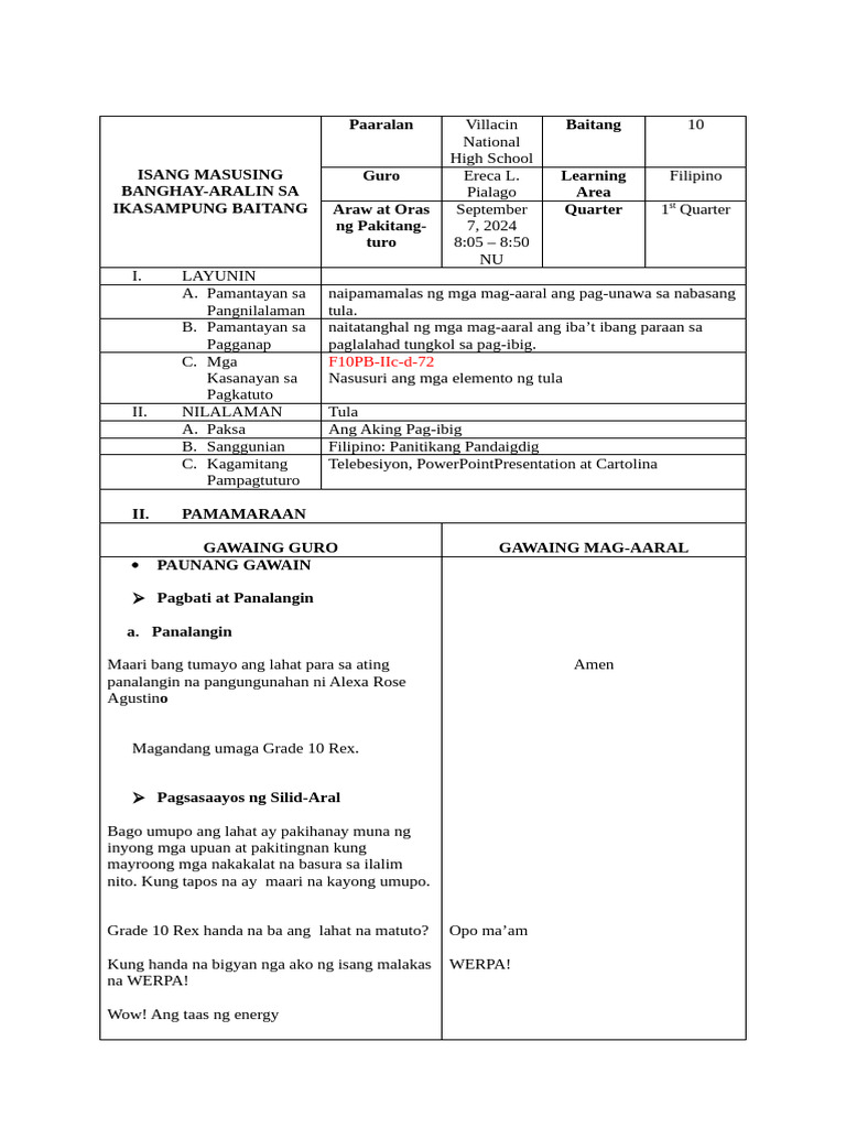 Lesson Plan Template Panitikan 1 | PDF