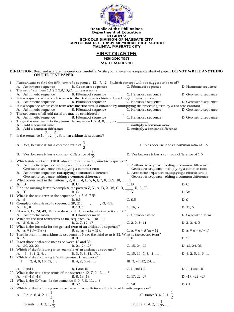 Math 10 1st Quarter Periodical Test | PDF | Mathematical Concepts ...