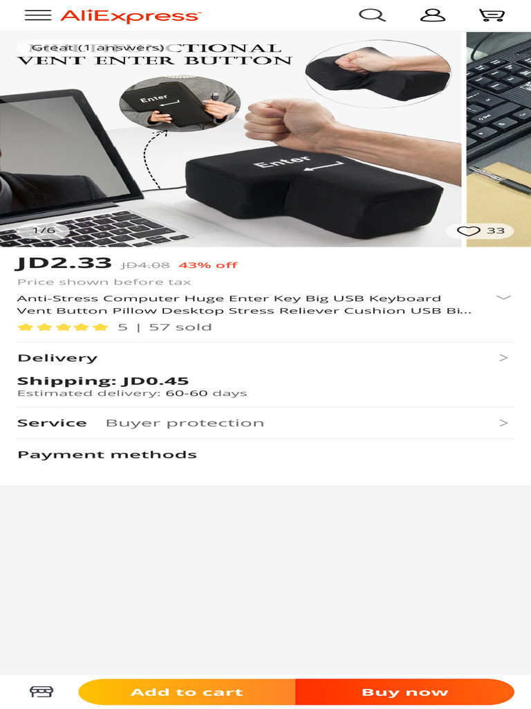 Anti-Stress Computer Huge Enter Key Big USB Keyboard Vent Button Pillow ...